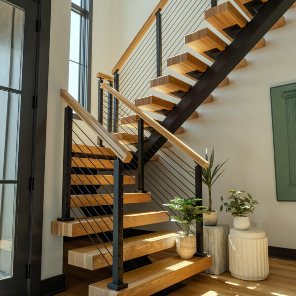 Dark Stained FLIGHT Mono System with Wooden Handrail and Rod Railing ...